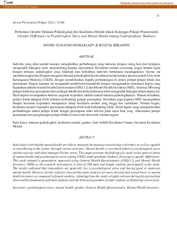 (PDF) Perbezaan gender tekanan psikologikal dan kesihatan mental dalam kalangan pelajar prasiswazah