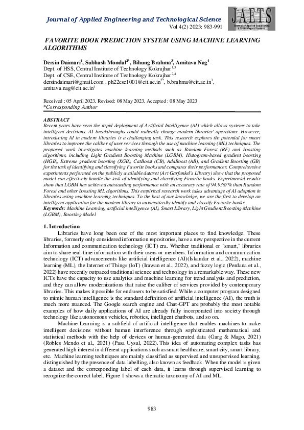 (PDF) Favorite Book Prediction System Using Machine Learning Algorithms