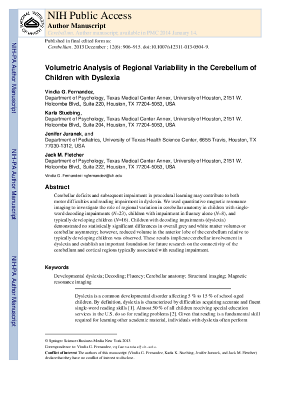 (PDF) Volumetric Analysis of Regional Variability in the Cerebellum of ...