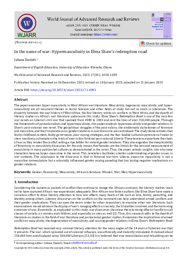 (PDF) In the name of war: Hypermasculinity in Elma Shaw’s redemption road