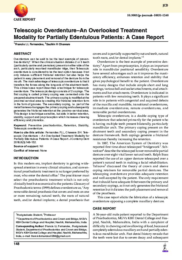 (PDF) Telescopic Overdenture–An Overlooked Treatment Modality for ...