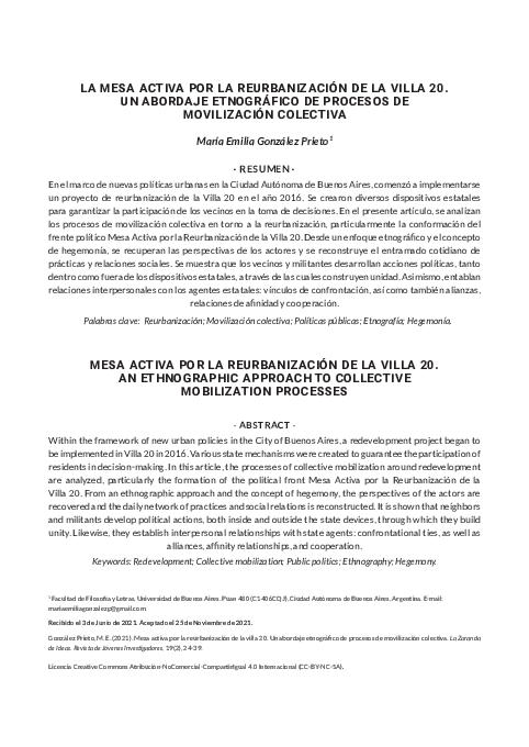 (PDF) LA MESA ACTIVA POR LA REURBANIZACIÓN DE LA VILLA 20. UN ABORDAJE ETNOGRÁFICO DE PROCESOS ...