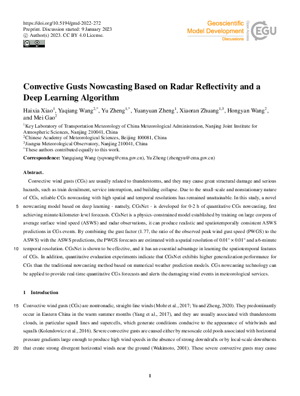 (PDF) Convective Gusts Nowcasting Based on Radar Reflectivity and a Deep Learning Algorithm