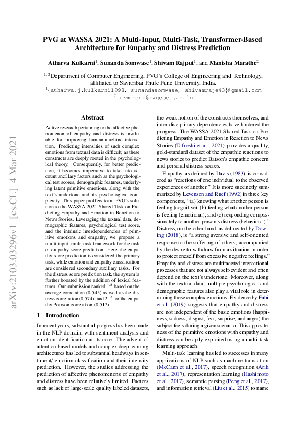 Pdf Pvg At Wassa 2021 A Multi Input Multi Task Transformer Based Architecture For Empathy