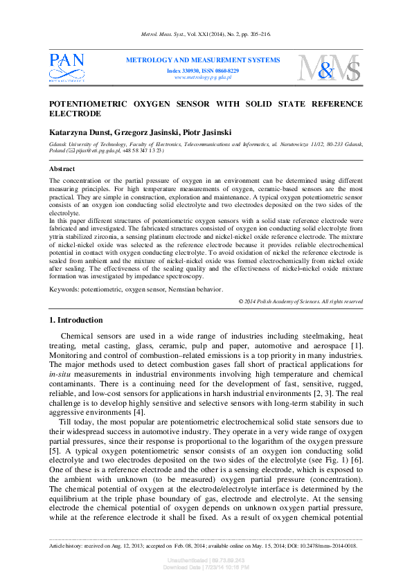 Pdf Potentiometric Oxygen Sensor With Solid State Reference Electrode Grzegorz Jasinski