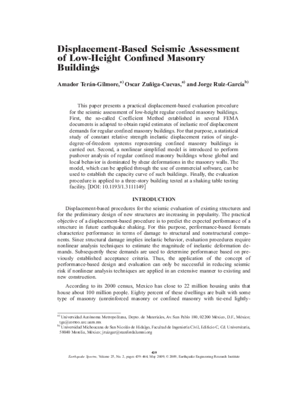 (PDF) Displacement-Based Seismic Assessment of Low-Height Confined ...