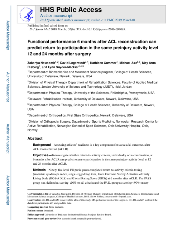 (PDF) Functional performance 6 months after ACL reconstruction can ...