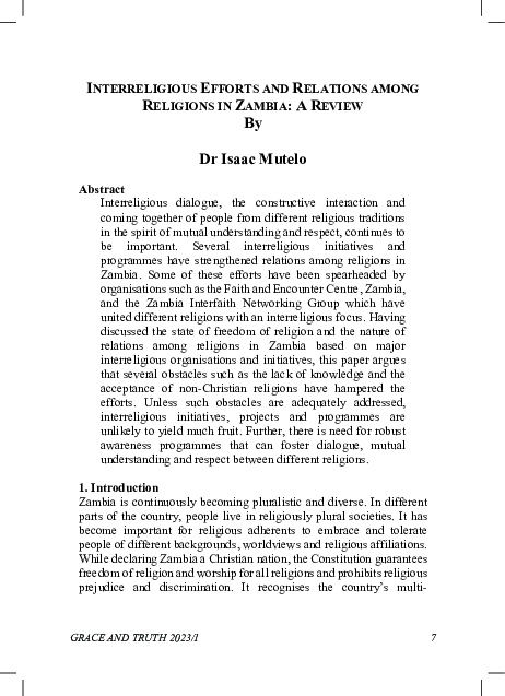 (PDF) INTERRELIGIOUS EFFORTS AND RELATIONS AMONG RELIGIONS IN ZAMBIA: A ...