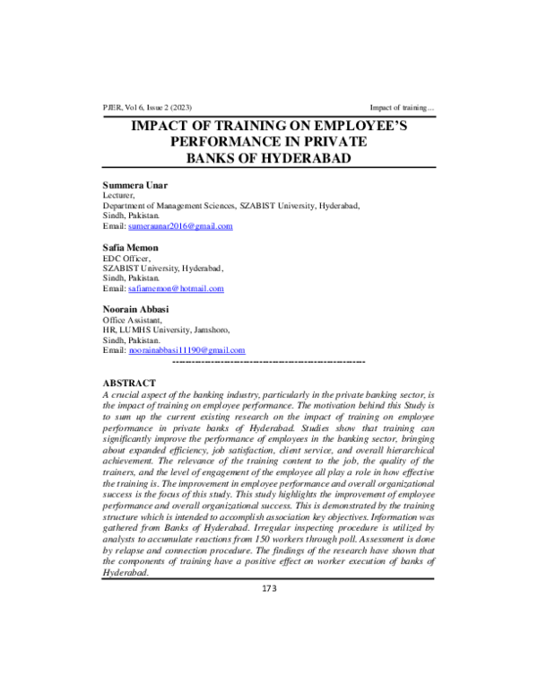(PDF) Impact of Training on Employee’s Performance in Private Banks of ...