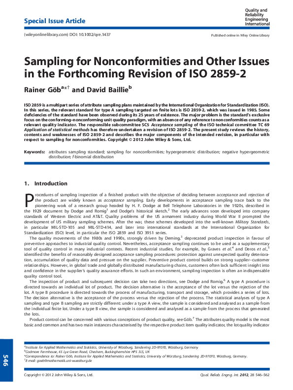 (PDF) Sampling for Nonconformities and Other Issues in the Forthcoming Revision of ISO 2859-2