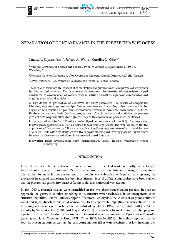(PDF) Separation of Contaminants in The Freeze/Thaw Process