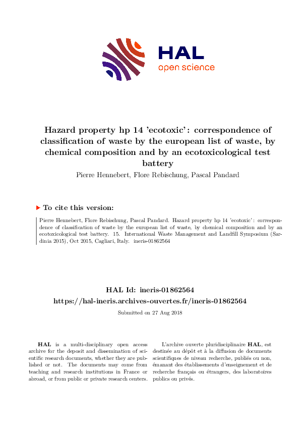 (PDF) Hazard property hp 14 'ecotoxic' : correspondence of ...
