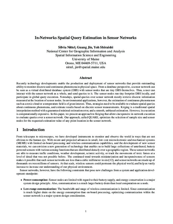 Pdf In Networks Spatial Query Estimation In Sensor Networks