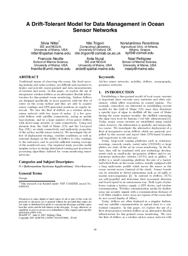 (PDF) A drift-tolerant model for data management in ocean sensor networks | Francois Neville ...