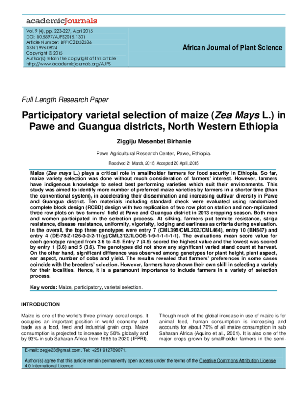 (PDF) Participatory varietal selection of maize (Zea Mays L.) in Pawe ...