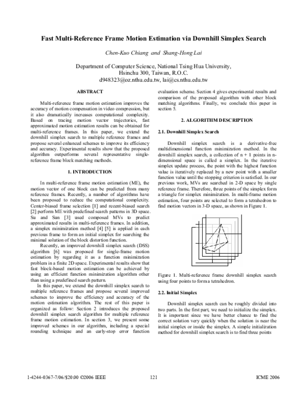 Pdf Fast Multi Reference Frame Motion Estimation Via Downhill Simplex Search Shang Hong Lai 