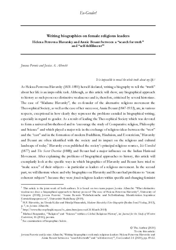 (PDF) Writing biographies on female religious leaders. Helena Petrovna ...