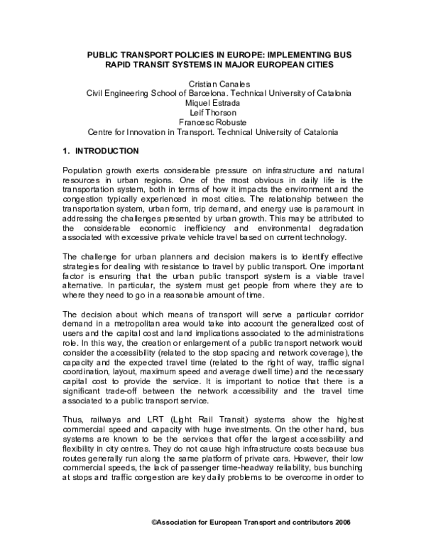 (PDF) Public Transport Policies in Europe: Implementing Bus Rapid ...