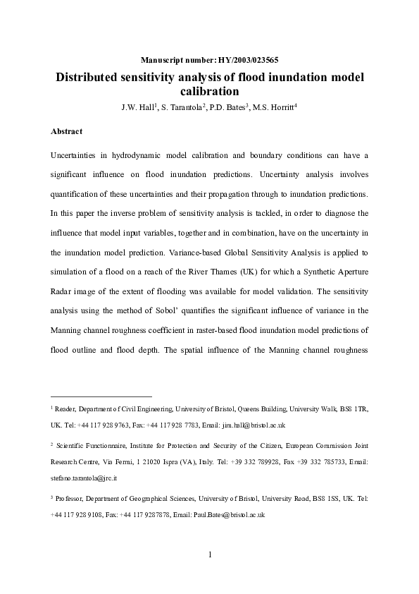 (PDF) Distributed Sensitivity Analysis of Flood Inundation Model ... (PDF) Distributed Sensitivity Analysis of Flood Inundation Model ...