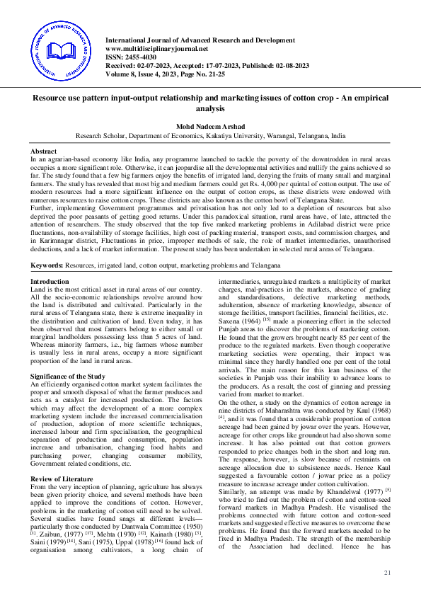 (PDF) Resource use pattern input-output relationship and marketing issues of cotton crop -An ...