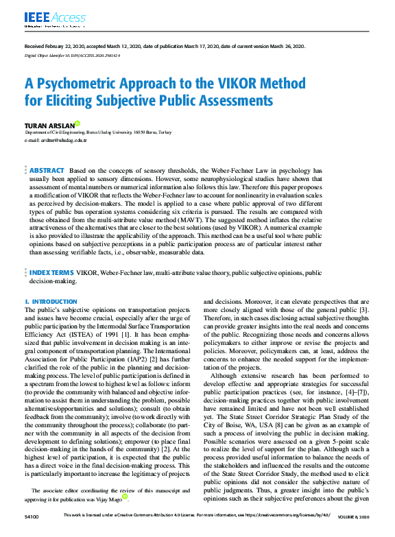 (PDF) A Psychometric Approach to the VIKOR Method for Eliciting Subjective Public Assessments