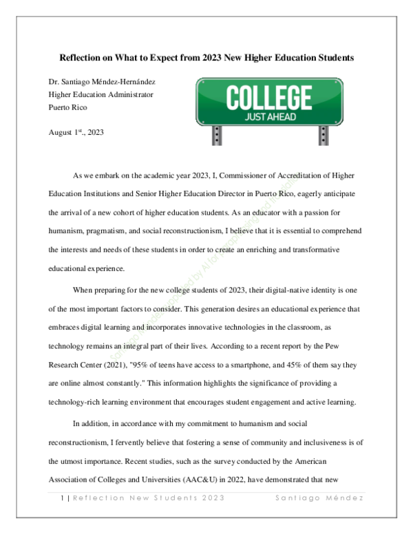 (PDF) Reflection on What to Expect from 2023 New Higher Education Students