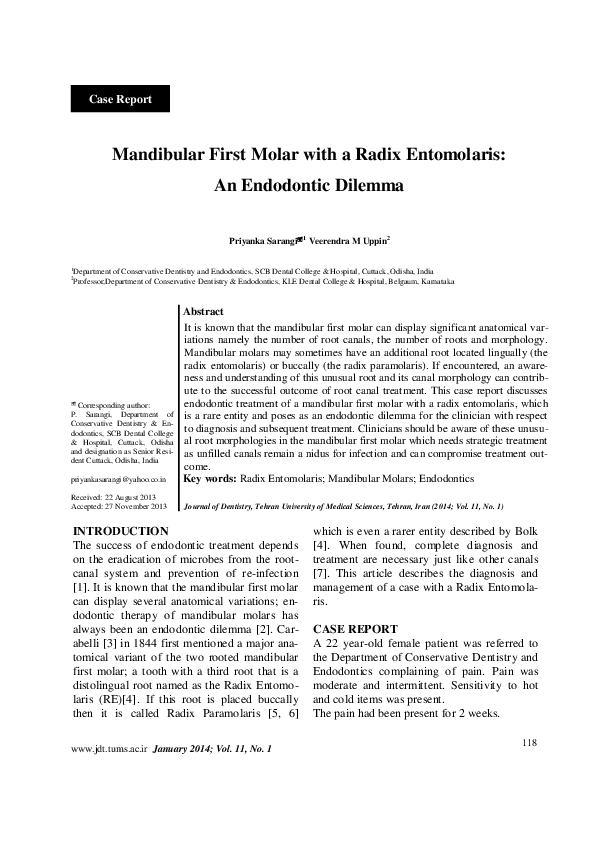 (PDF) Mandibular first molar with a radix entomolaris: an endodontic ...