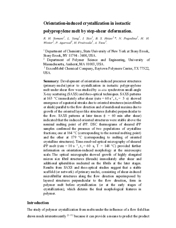 (PDF) Orientation-induced crystallization in isotactic polypropylene melt by shear deformation
