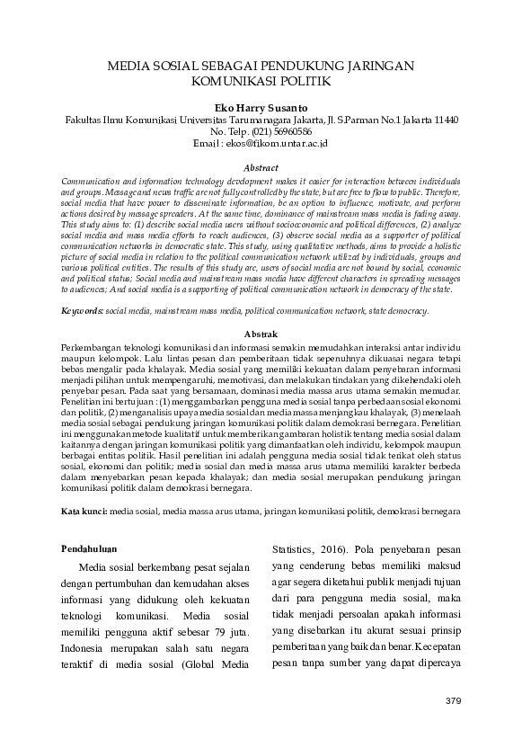 (PDF) Media Sosial Sebagai Pendukung Jaringan Komunikasi Politik | Eko Susanto - Academia.edu