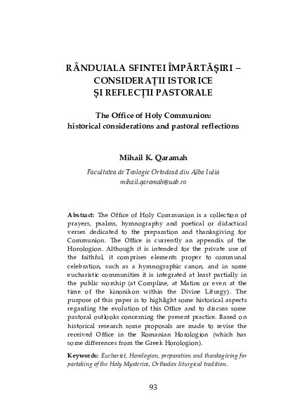 (PDF) RÂNDUIALA SFINTEI ÎMPĂRTĂȘIRI -CONSIDERAȚII ISTORICE ȘI REFLECȚII ...