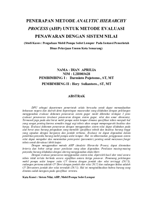 (DOC) PENERAPAN METODE ANALYTIC HIERARCHYPROCESS (AHP) UNTUK METODE EVALUASIPENAWARAN DENGAN ...