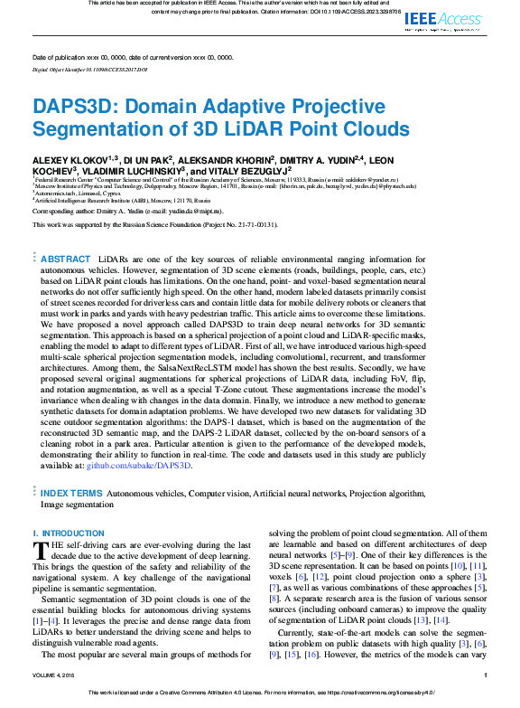 (PDF) DAPS3D: Domain Adaptive Projective Segmentation of 3D LiDAR Point Clouds