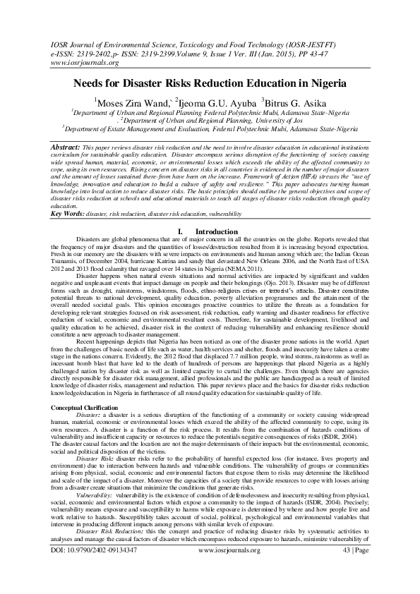 (PDF) Needs for Disaster Risks Reduction Education in Nigeria