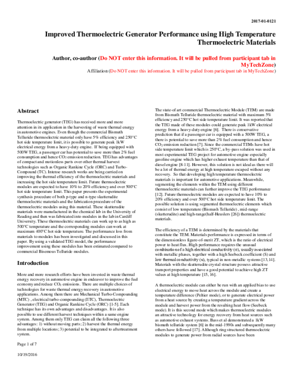 Pdf Improved Thermoelectric Generator Performance Using High Temperature Thermoelectric Materials