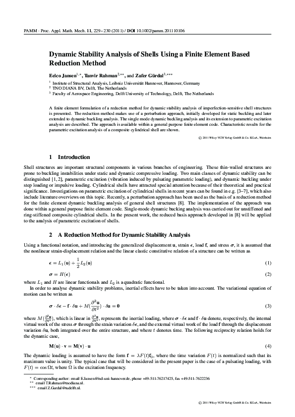 (PDF) Dynamic Stability Analysis of Shells Using a Finite Element Based Reduction Method ...