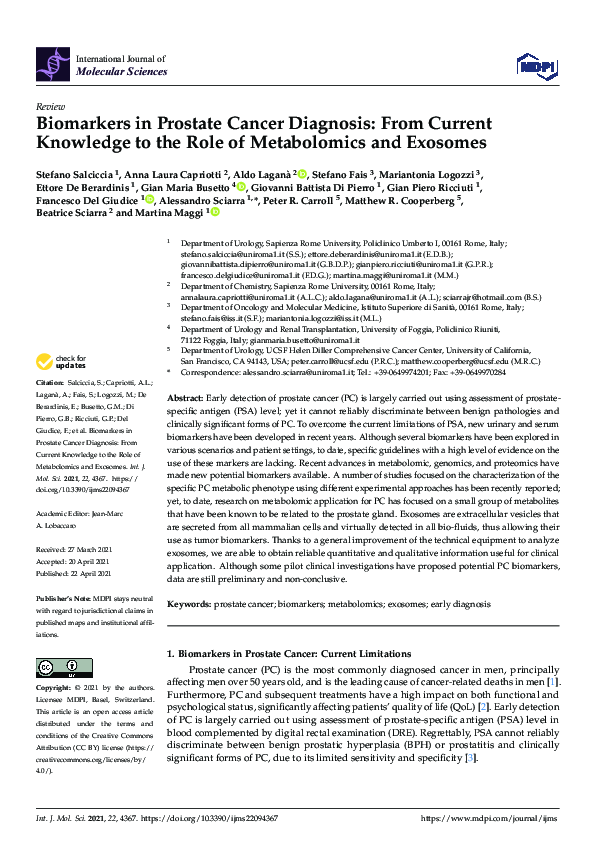 (PDF) Biomarkers in Prostate Cancer Diagnosis: From Current Knowledge to the Role of ...