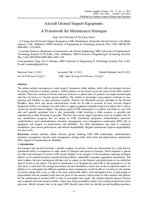 (PDF) Aircraft Ground Support Equipment: A Framework for Maintenance Strategies