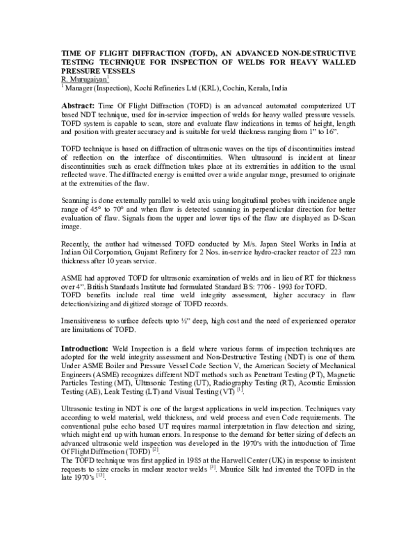 Pdf Time Of Flight Diffraction Tofd An Advanced Non Destructive Testing Technique For