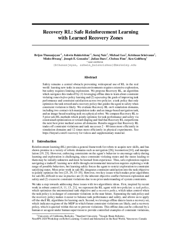(PDF) Recovery RL: Safe Reinforcement Learning With Learned Recovery Zones