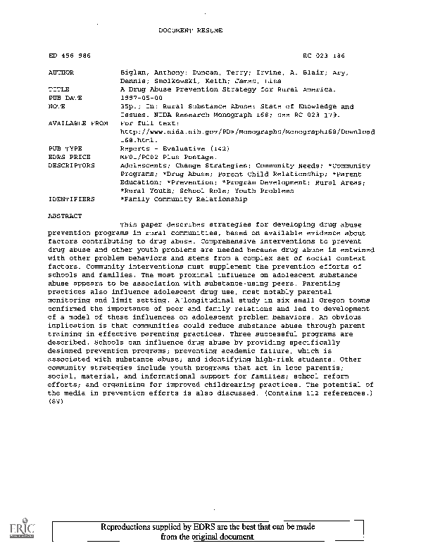 (PDF) A Drug Abuse Prevention Strategy for Rural America