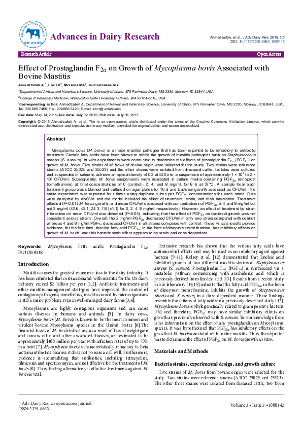 (PDF) Effect of Prostaglandin F2α on Growth of Mycoplasma bovis ...