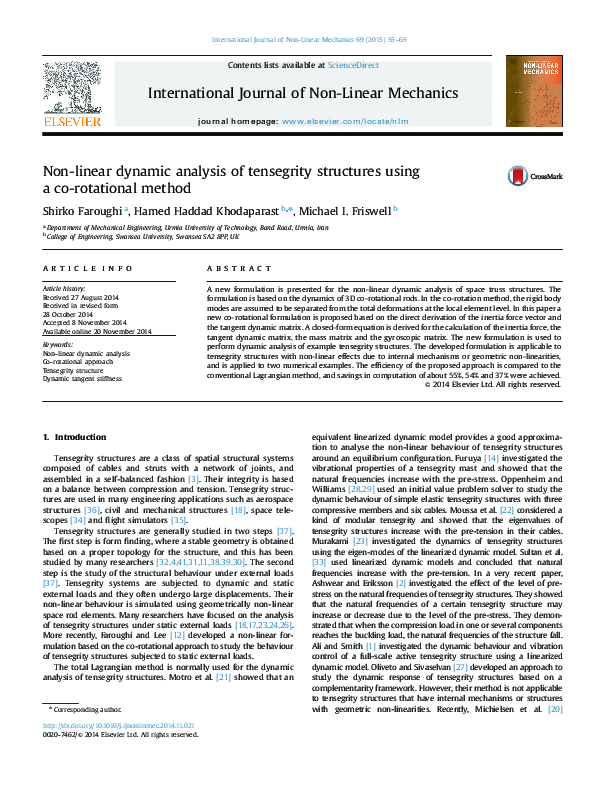 Pdf Non Linear Dynamic Analysis Of Tensegrity Structures Using A Co Rotational Method