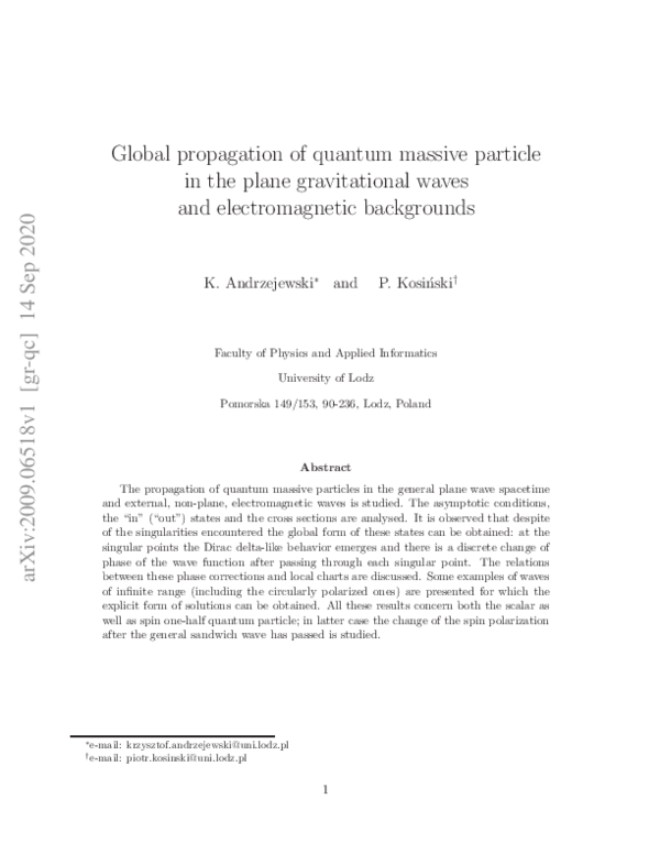 (PDF) Global propagation of quantum massive particle in the plane gravitational waves and ...