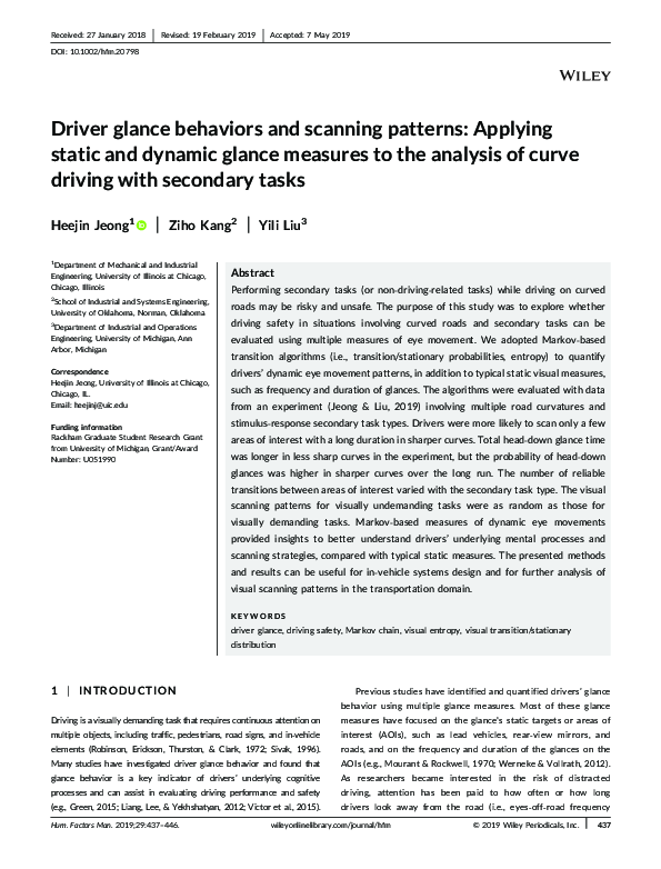 Pdf Driver Glance Behaviors And Scanning Patterns Applying Static And Dynamic Glance Measures