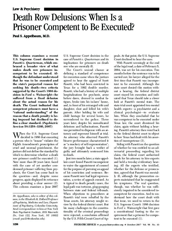 (PDF) Law & Psychiatry: Death Row Delusions: When Is a Prisoner ...