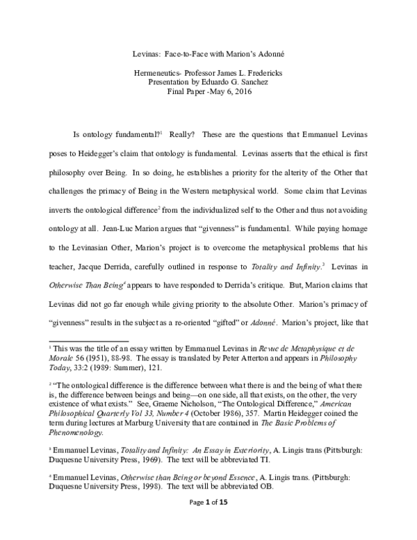 (DOC) Levinas: Face-to-Face with Marion's Adonné Hermeneutics-Professor ...