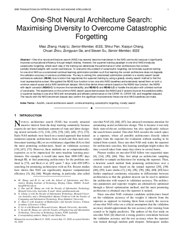 One-Shot Neural Architecture Search: Maximising Diversity to Overcome Catastrophic Forgetting