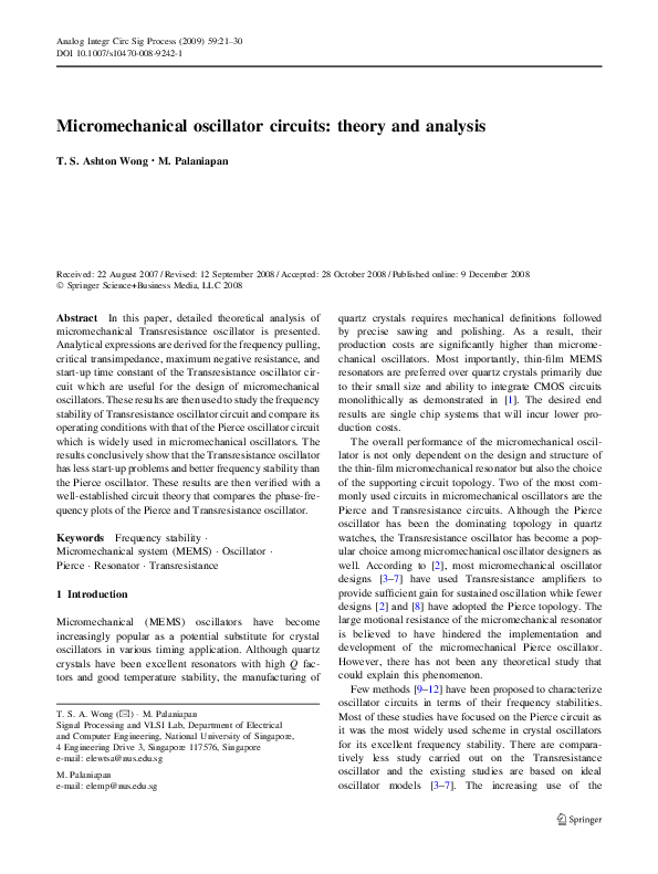 (PDF) Micromechanical oscillator circuits: theory and analysis