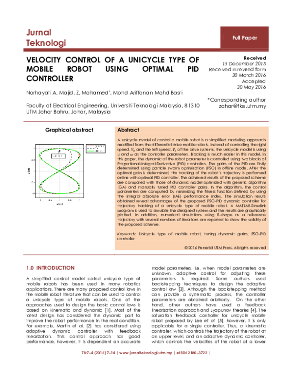 (PDF) Velocity Control of a Unicycle Type of Mobile Robot Using Optimal Pid Controller