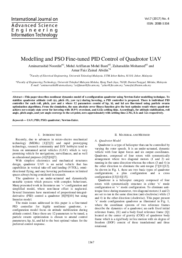 (PDF) Modelling and PSO Fine-tuned PID Control of Quadrotor UAV